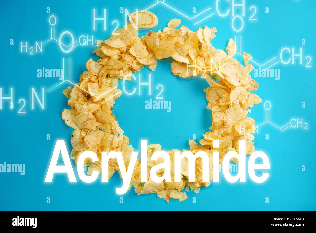 Acrylamide in food. Chips snack food and chemical formula of acrylamide ...
