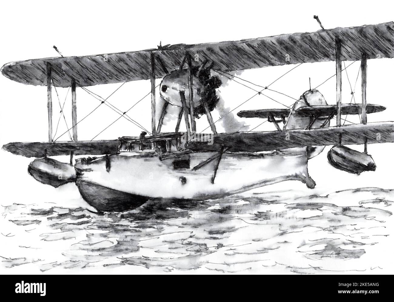 Biplane flying boat on water surface. Ink on paper Stock Photo - Alamy
