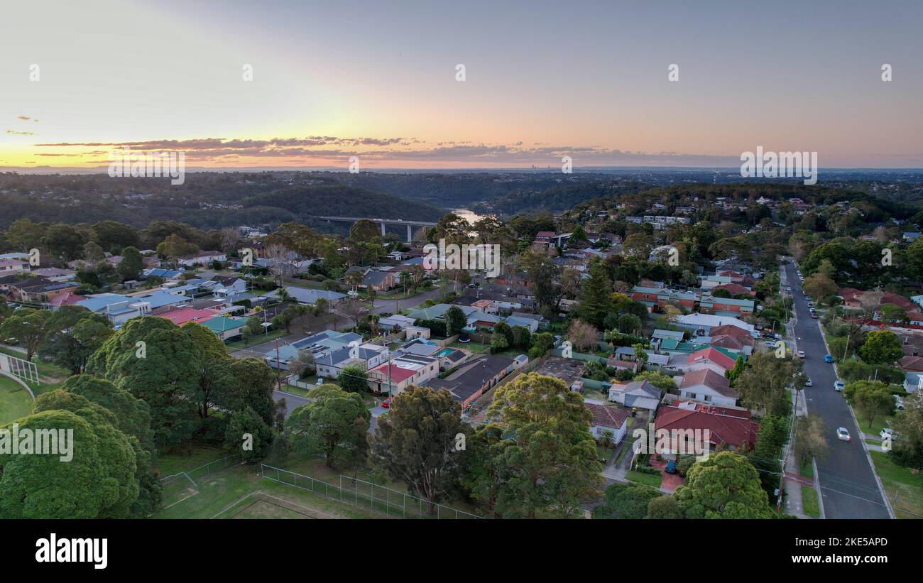 Beautiful aerial view of Sutherland suburb at dawn, buildings, main ...