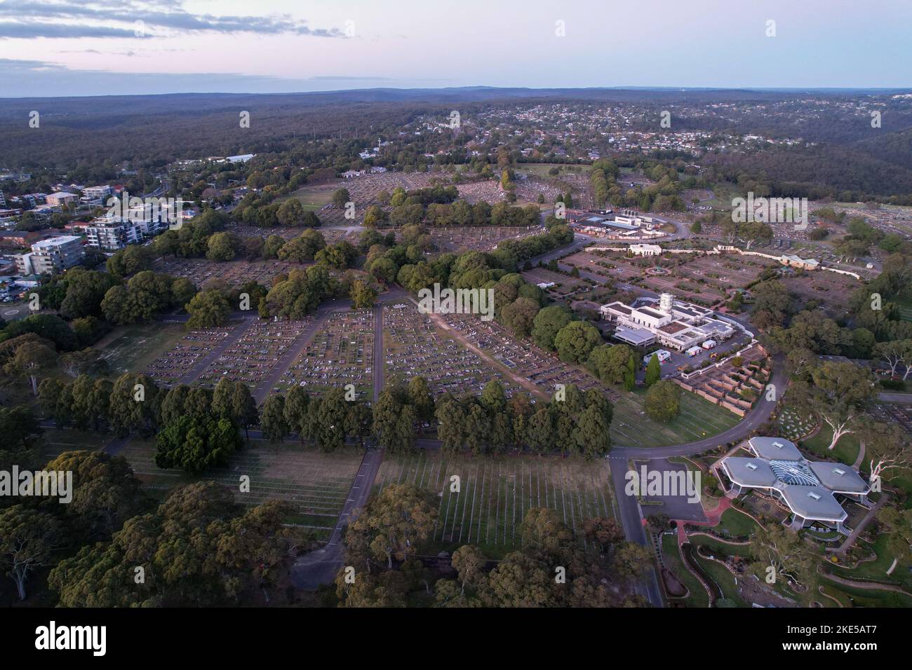 Aerial view of Woronora Cemetery and Sutherland suburb surrounded by ...