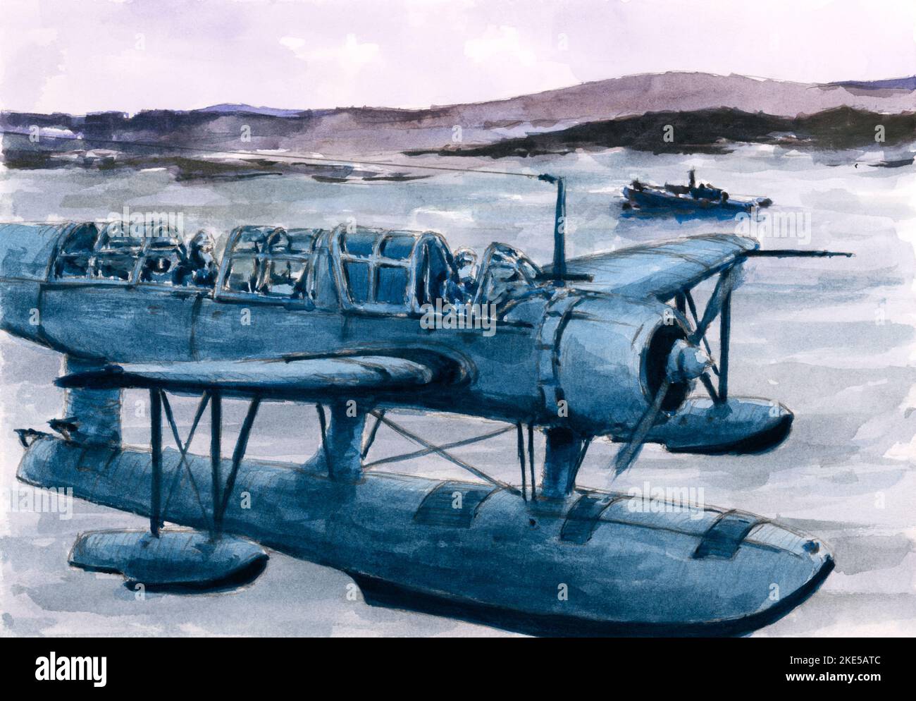 Ancient observation floatplane over coastline. Watercolor on paper ...