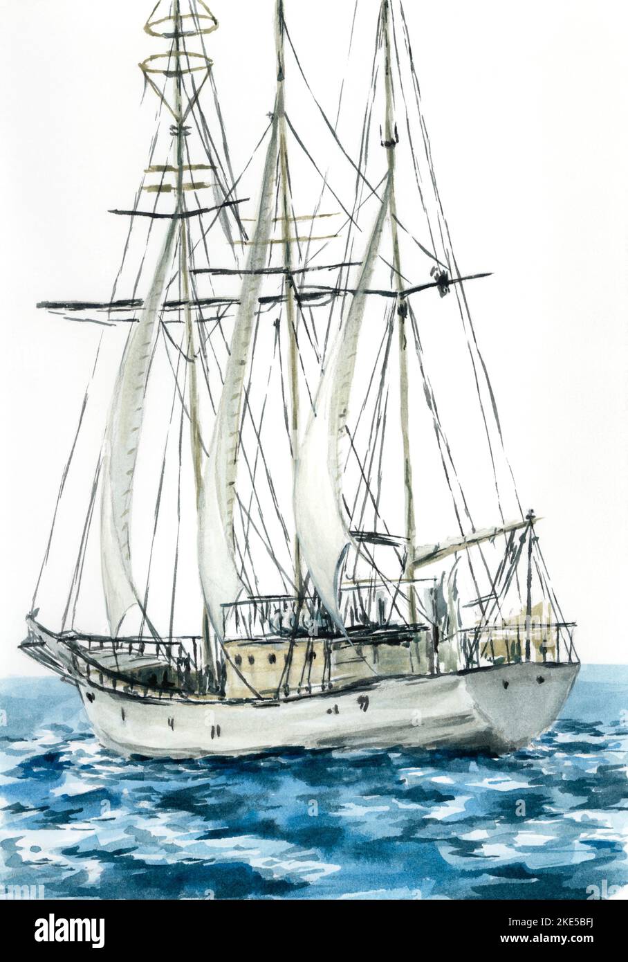 Modern ship-rigged sailboat (schooner) on sea. Watercolor on paper ...