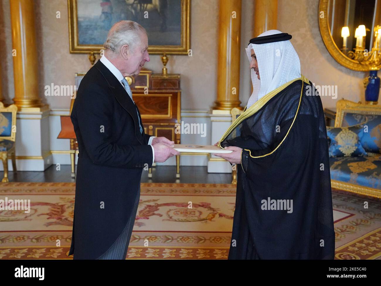King Charles III (left) receives Bader Mohammad Al Awadi (right ...