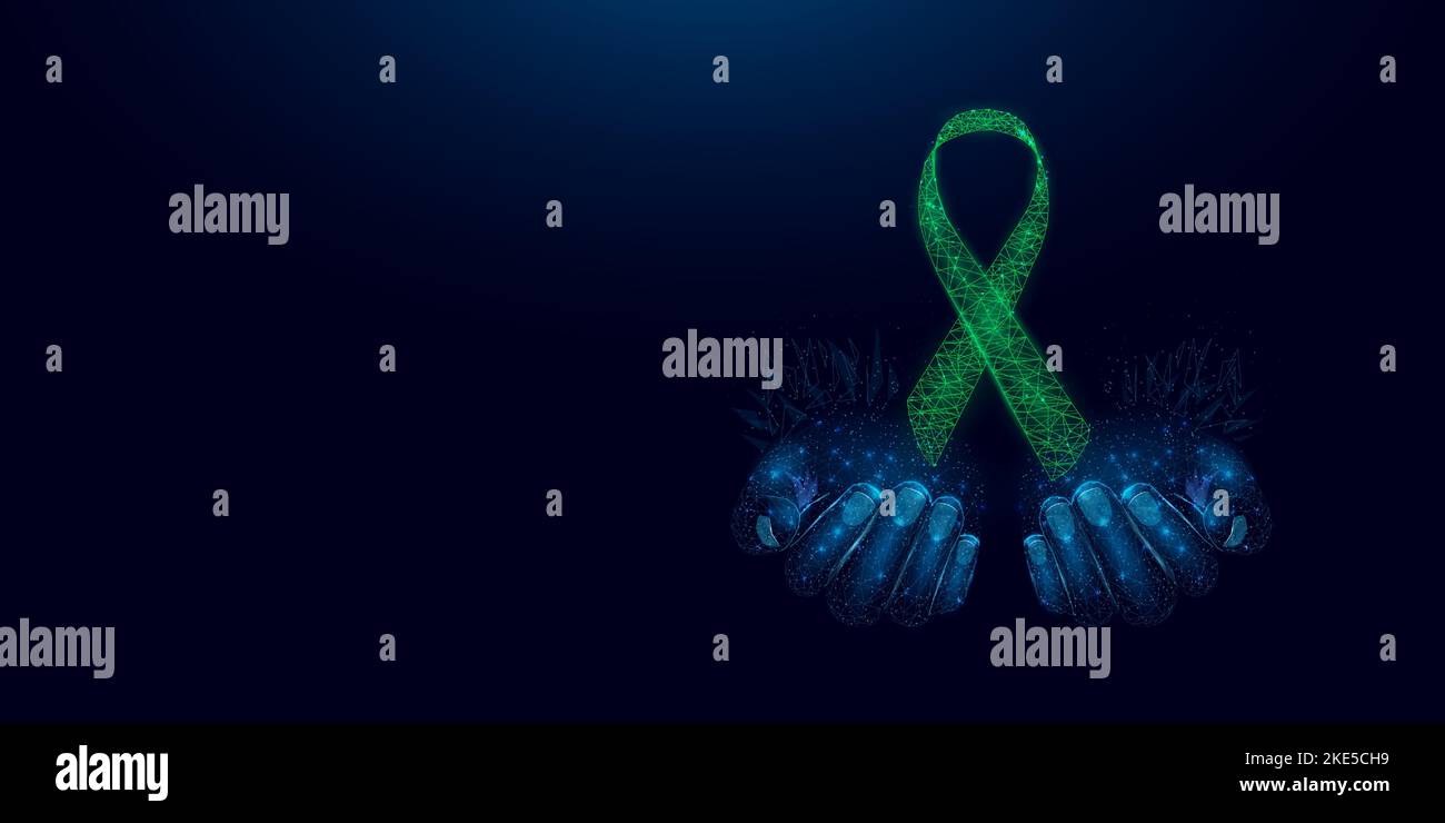 Two human hands are holds green ribbon awareness. Bipolar Disorder ...