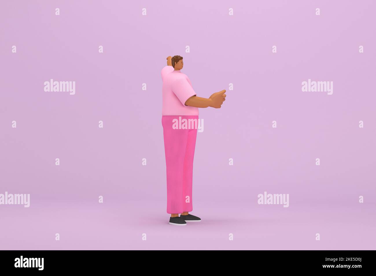 The black man with pink clothes. He is expression of body and hand when ...