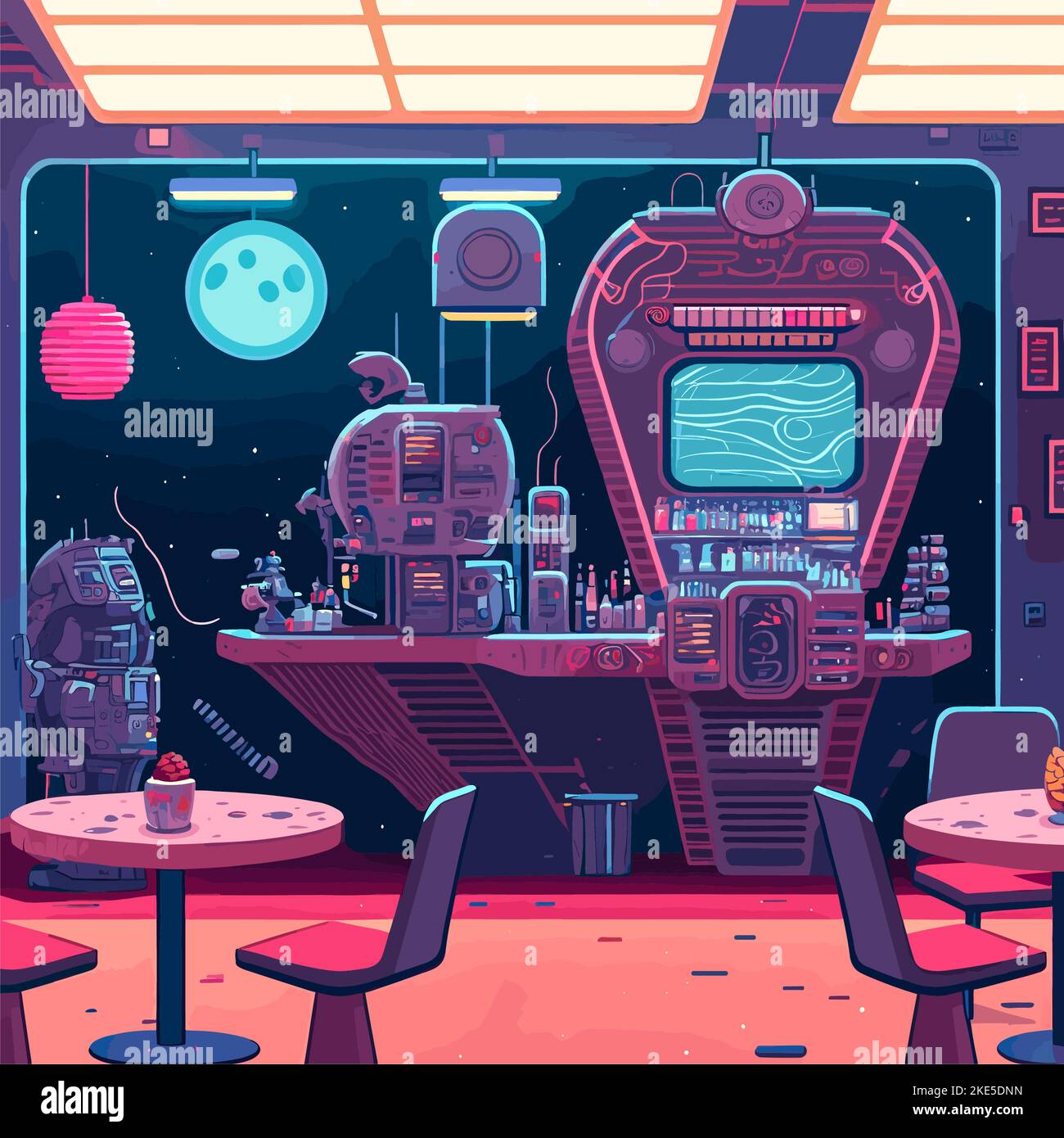 A colourful illustration of a futuristic cyberpunk cafe Stock Vector ...