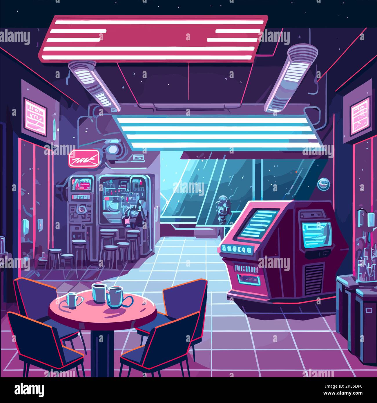 A colourful illustration of a futuristic cyberpunk cafe Stock Vector ...