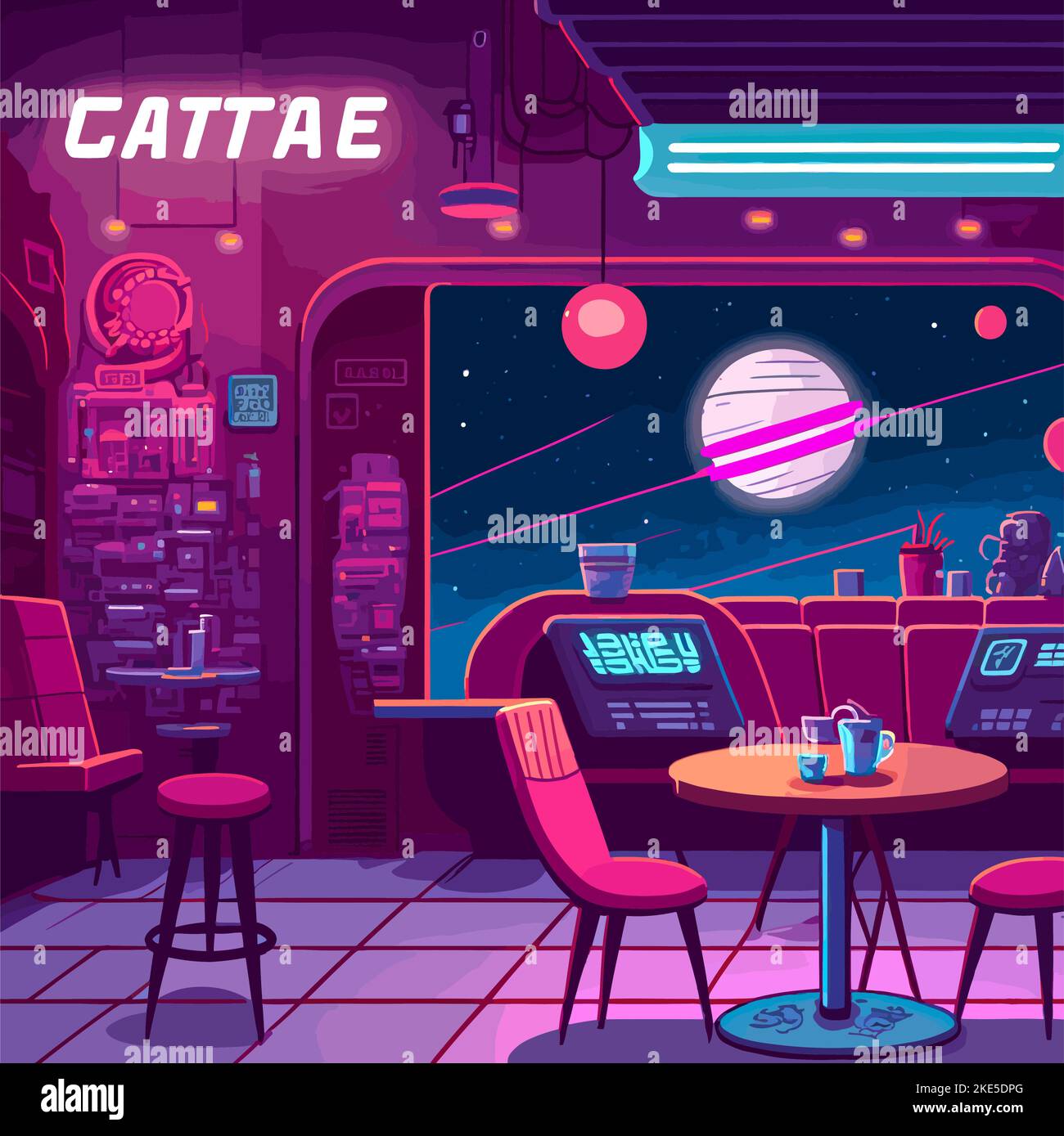A colourful illustration of a futuristic cyberpunk cafe Stock Vector ...