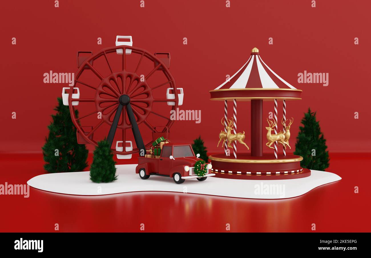 3D christmas illustration with carousel and ferris wheel Stock Photo ...