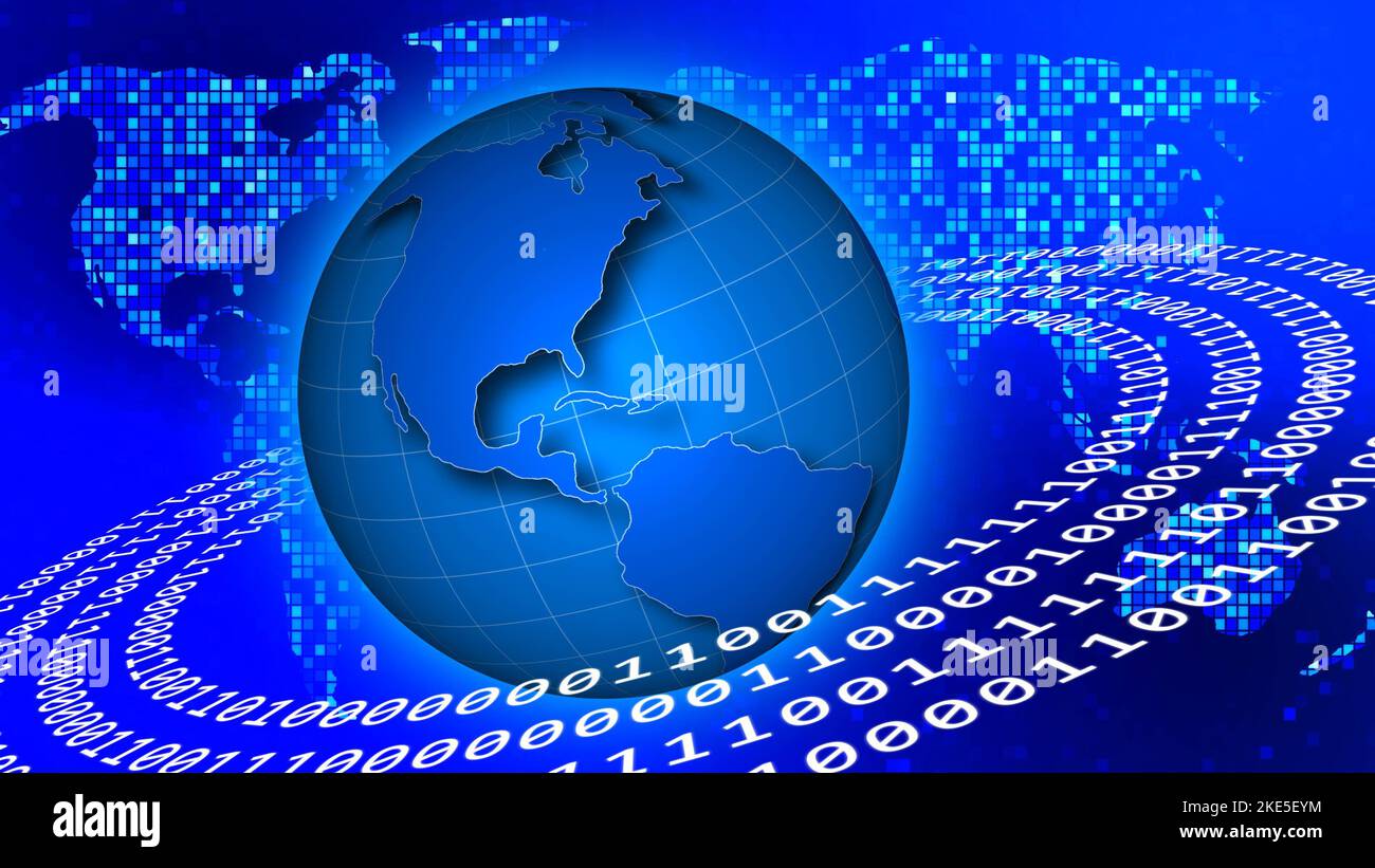Binary Code circles around earth on background as stylized world map made of blue square ...