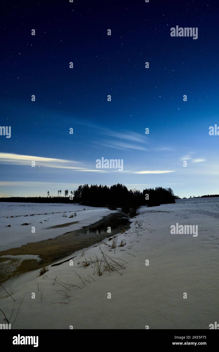 A vertical shot of a field covered in snow in a vibrant blue sky ...