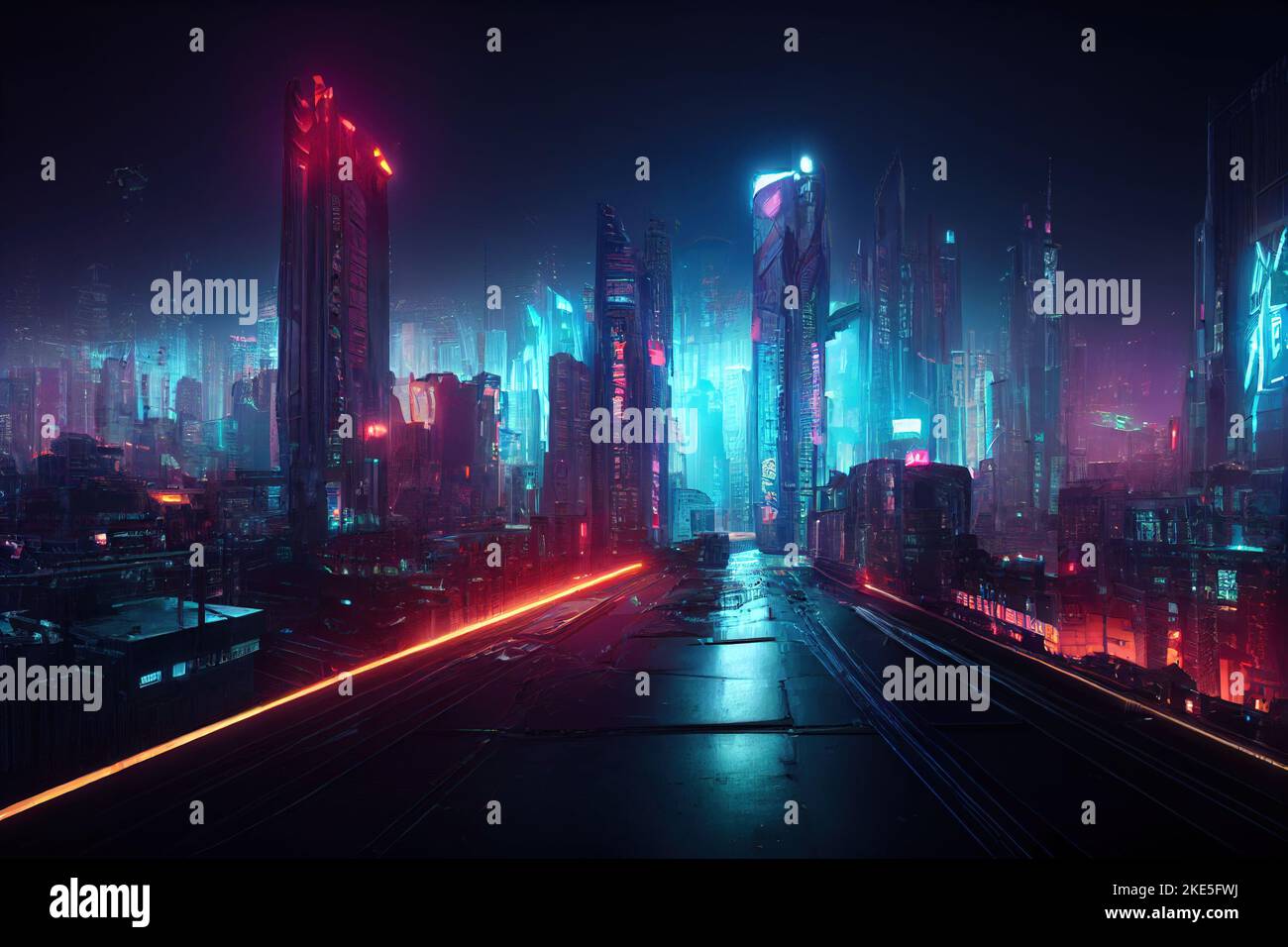 Cyberpunk Futuristic City panorama .Future Fiction with neon signs and ...