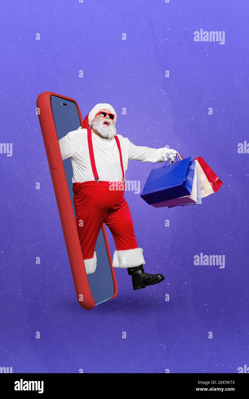 Vertical creative collage photo of satisfied funny santa claus come out ...