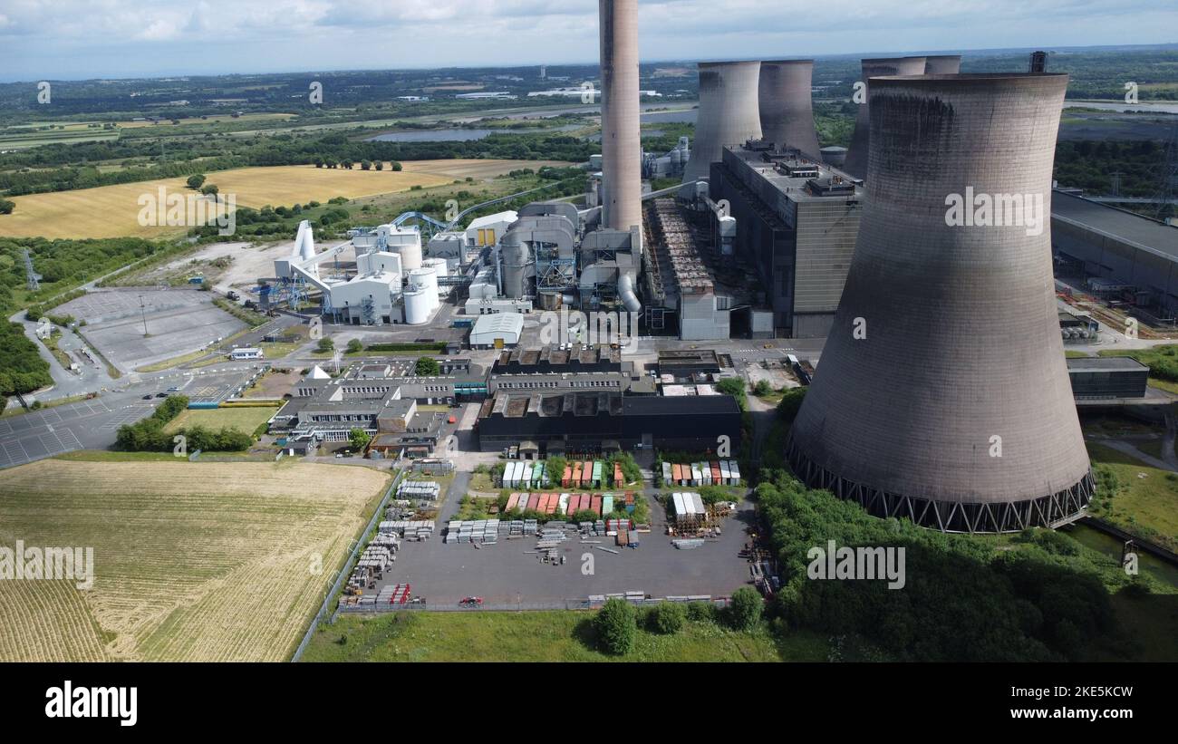 An aerial shot of the cooling towers of Fiddlers Ferry Power Station in ...