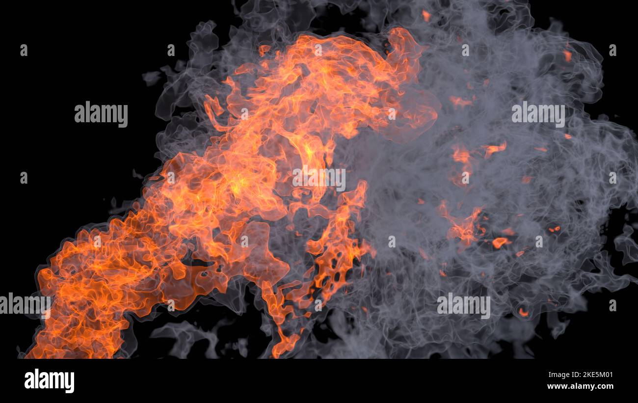 3D rendering of burst of fire and smoke on black background Stock Photo ...