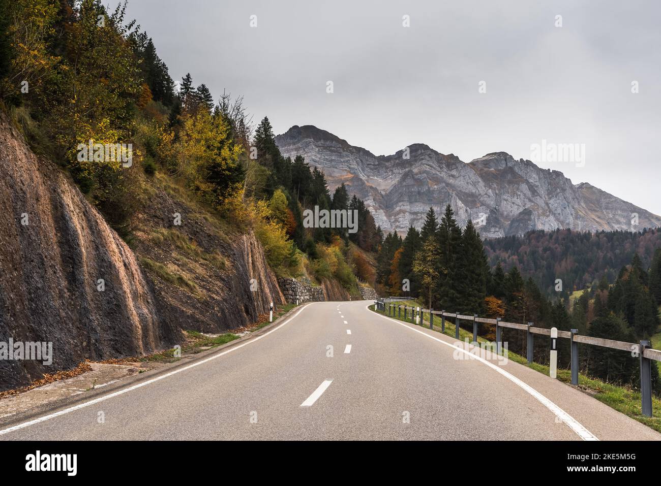 Mountain road in the Swiss Alps with scenic view of the Alpstein massif ...