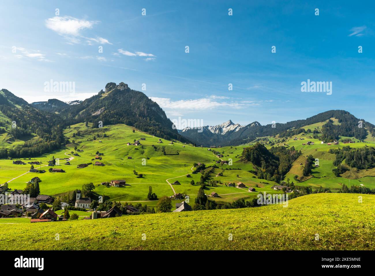 Landscape in the Toggenburg Valley with green meadows, pastures and ...