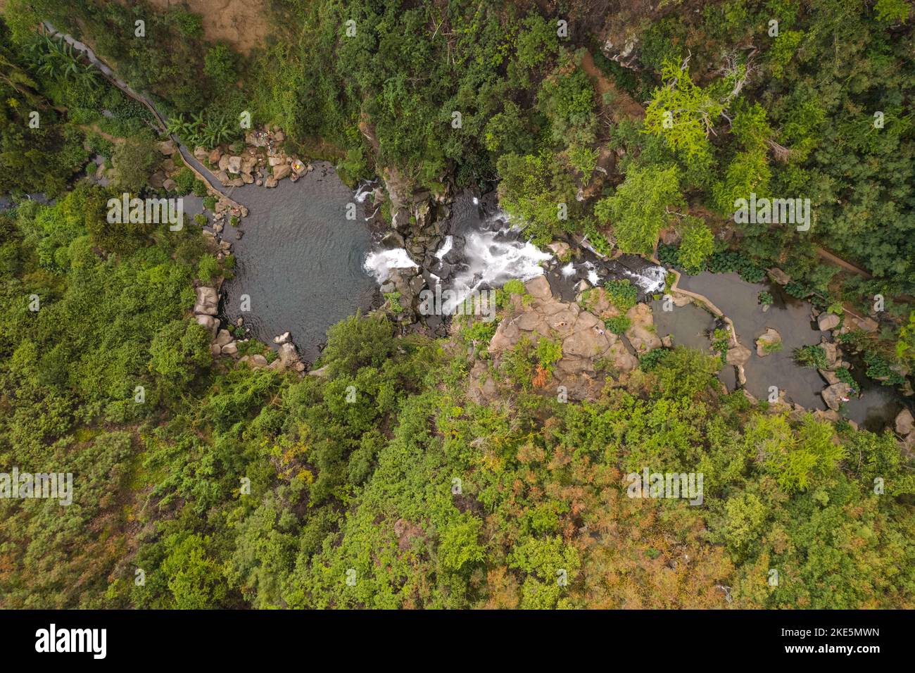 A high-angle shot of a Lake in a Reunion park at the base of a ...
