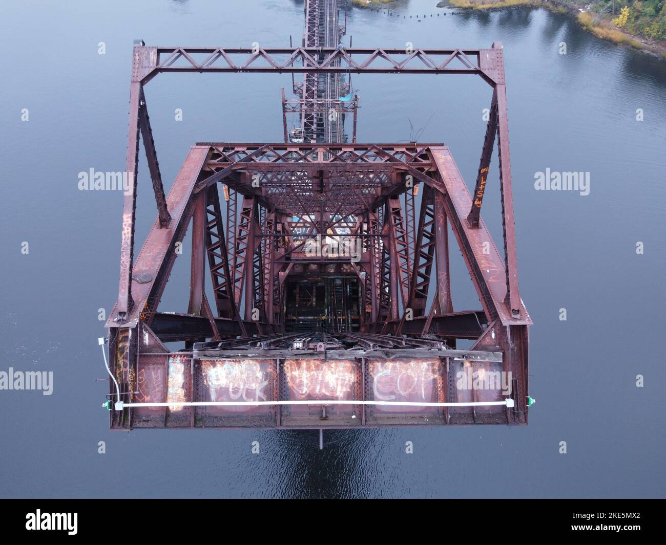 An aerial view of a lifting bridge foundation over the river Stock ...