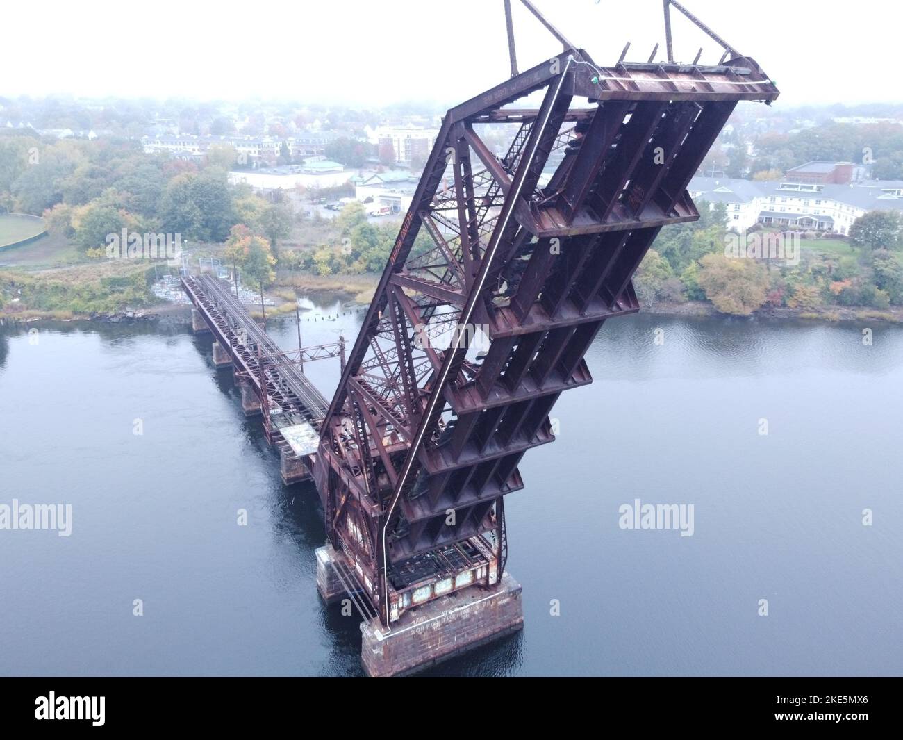 An aerial view of a lifting bridge foundation over the river Stock ...