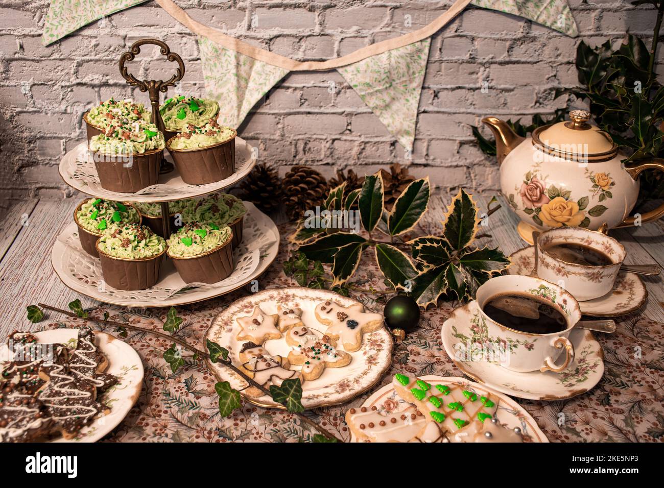 Vintage traditional tea party with cakes decorated and china cups Stock ...