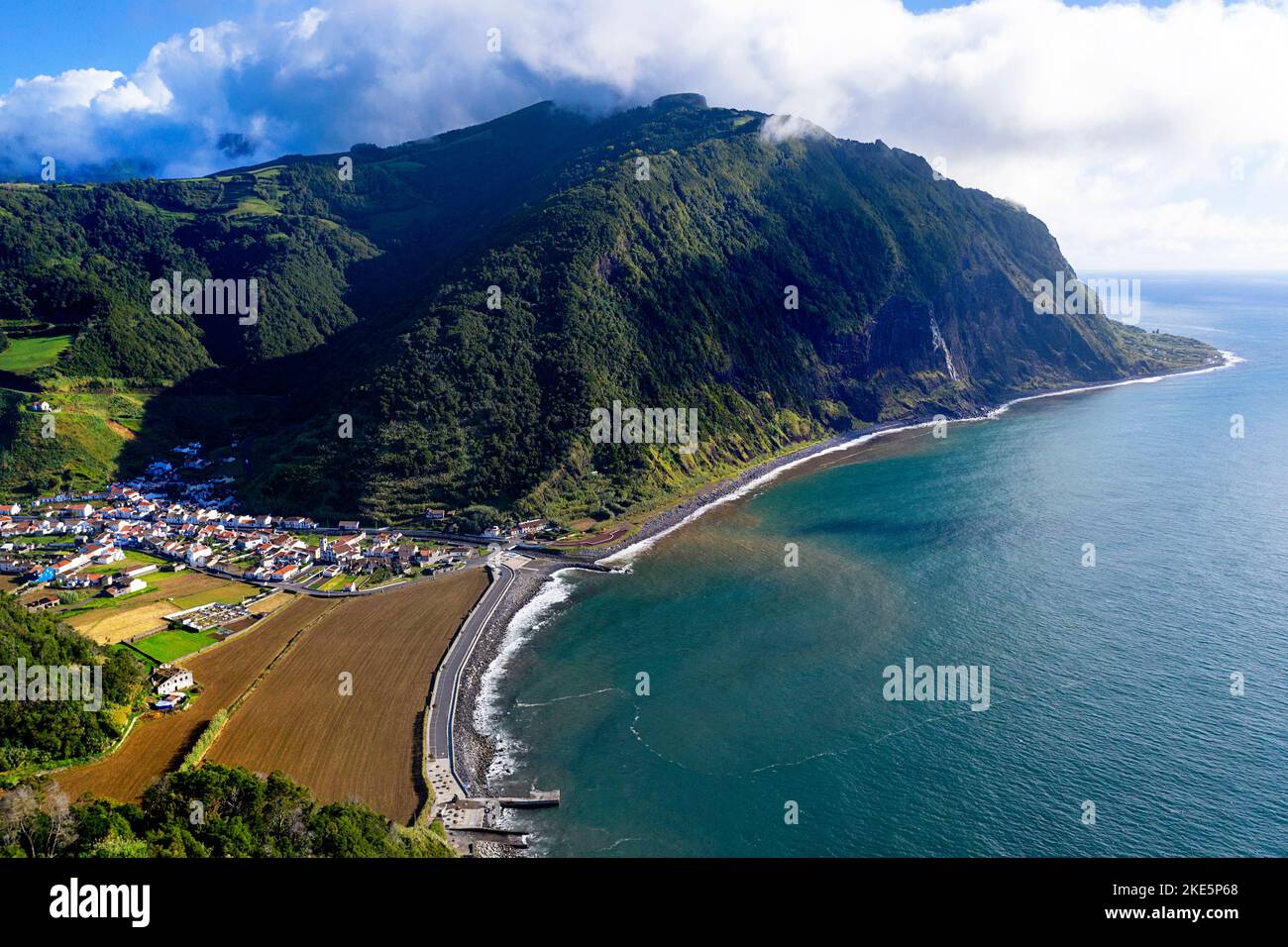 Aerial view of a small village of Faial da Terra in the eastern part of ...