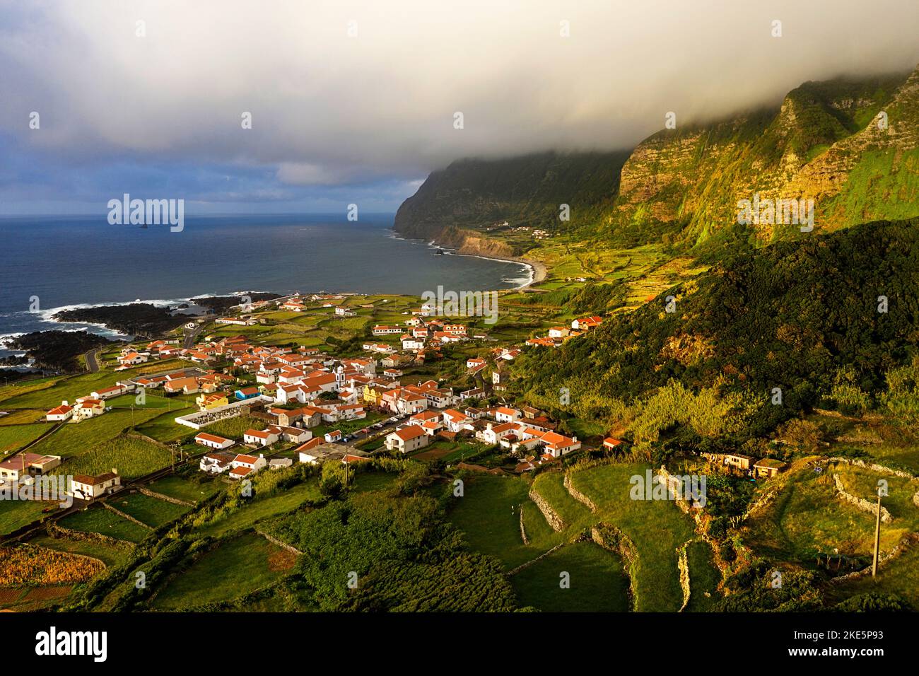 Aerial view of Faja grande village, traditional village on western ...