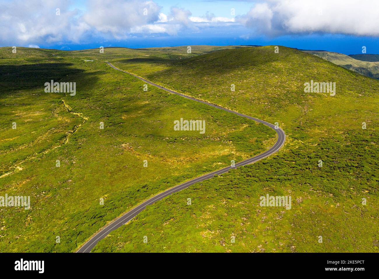 Aerial view of a road on the high plateau in the interior of flores ...