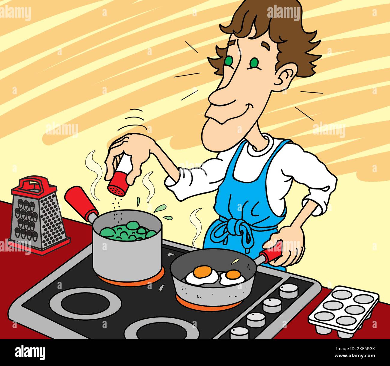 Art work of a man cooking, frying eggs and adding salt to boiling ...