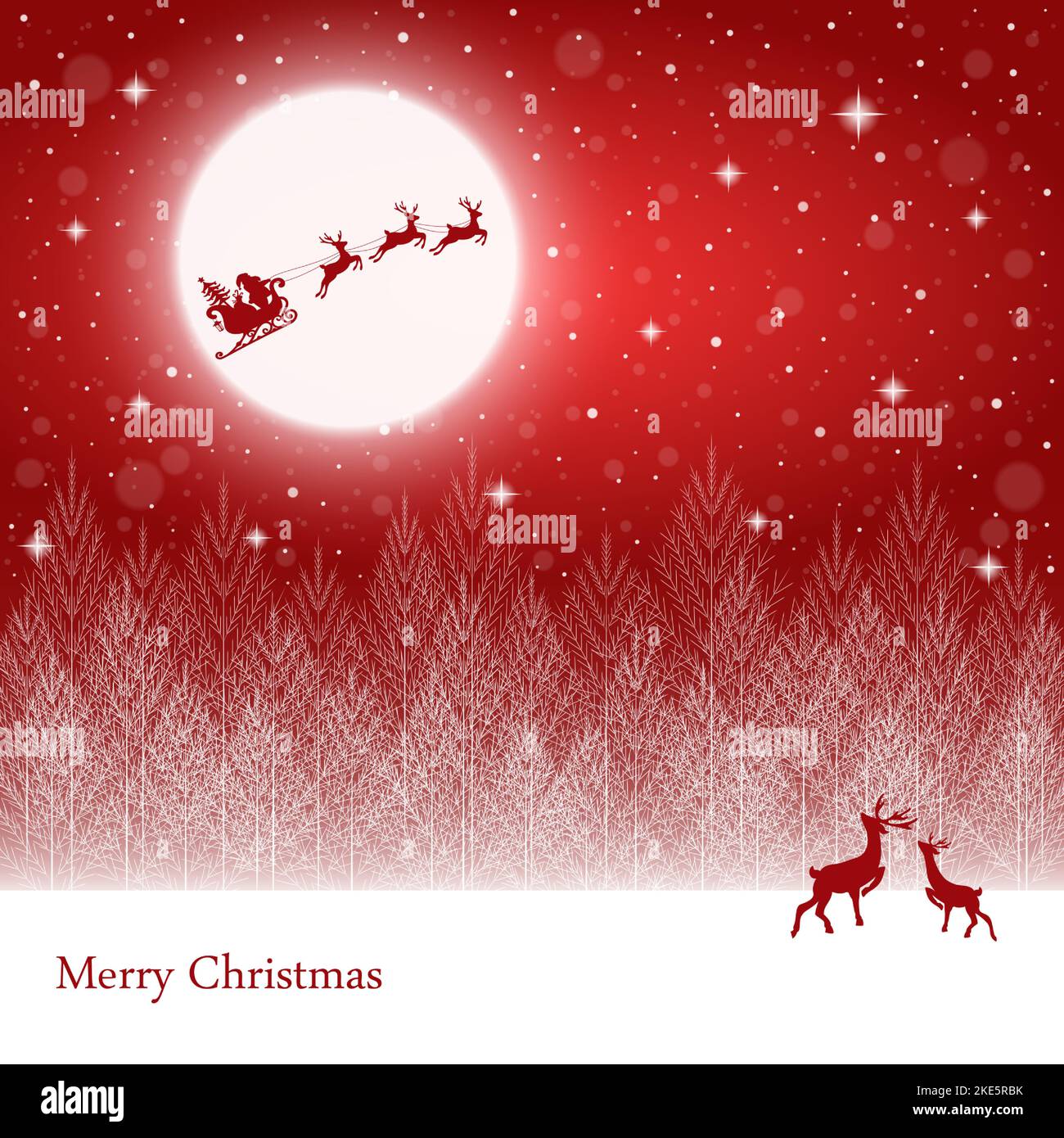 Santa Claus and gifts in sleigh with reindeers pulling the sleigh on forest background. Vector ...