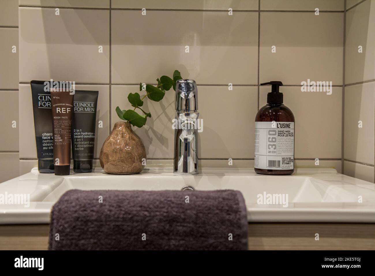 Malmö, Sweden - January 1 2020: Bathroom interior with skincare ...
