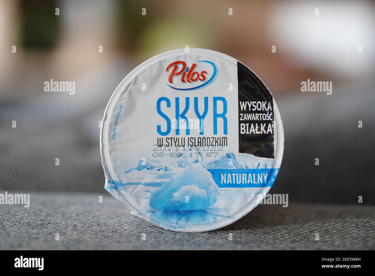 A selective focus of the Polish Pilos brand Iceland natural yogurt in a ...