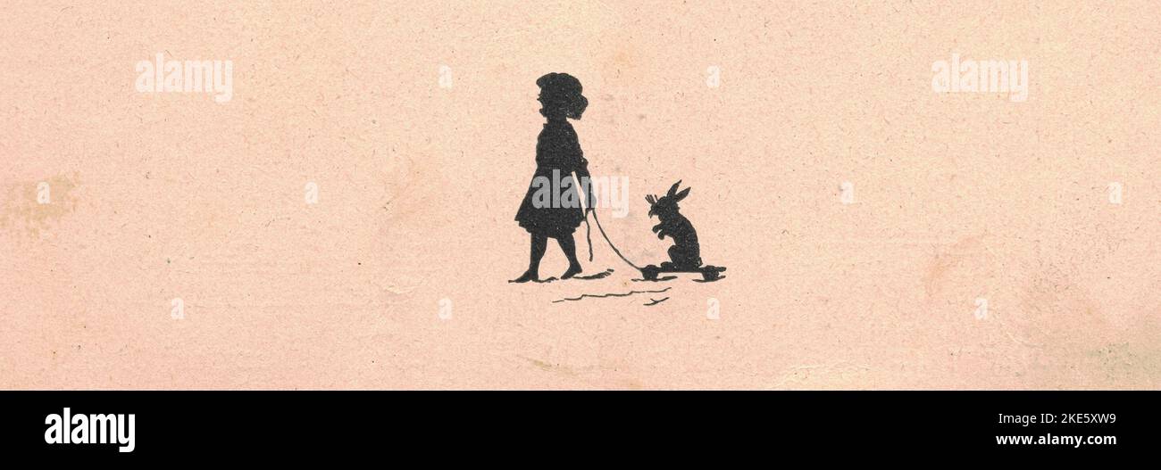 Black & white antique illustration shows a girl and bunny rabbit ...