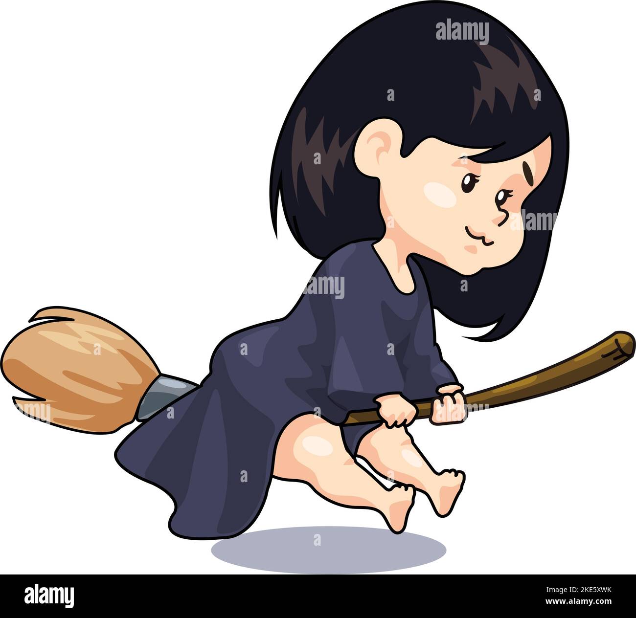A digital illustration of a cute cartoon girl on a broom character ...