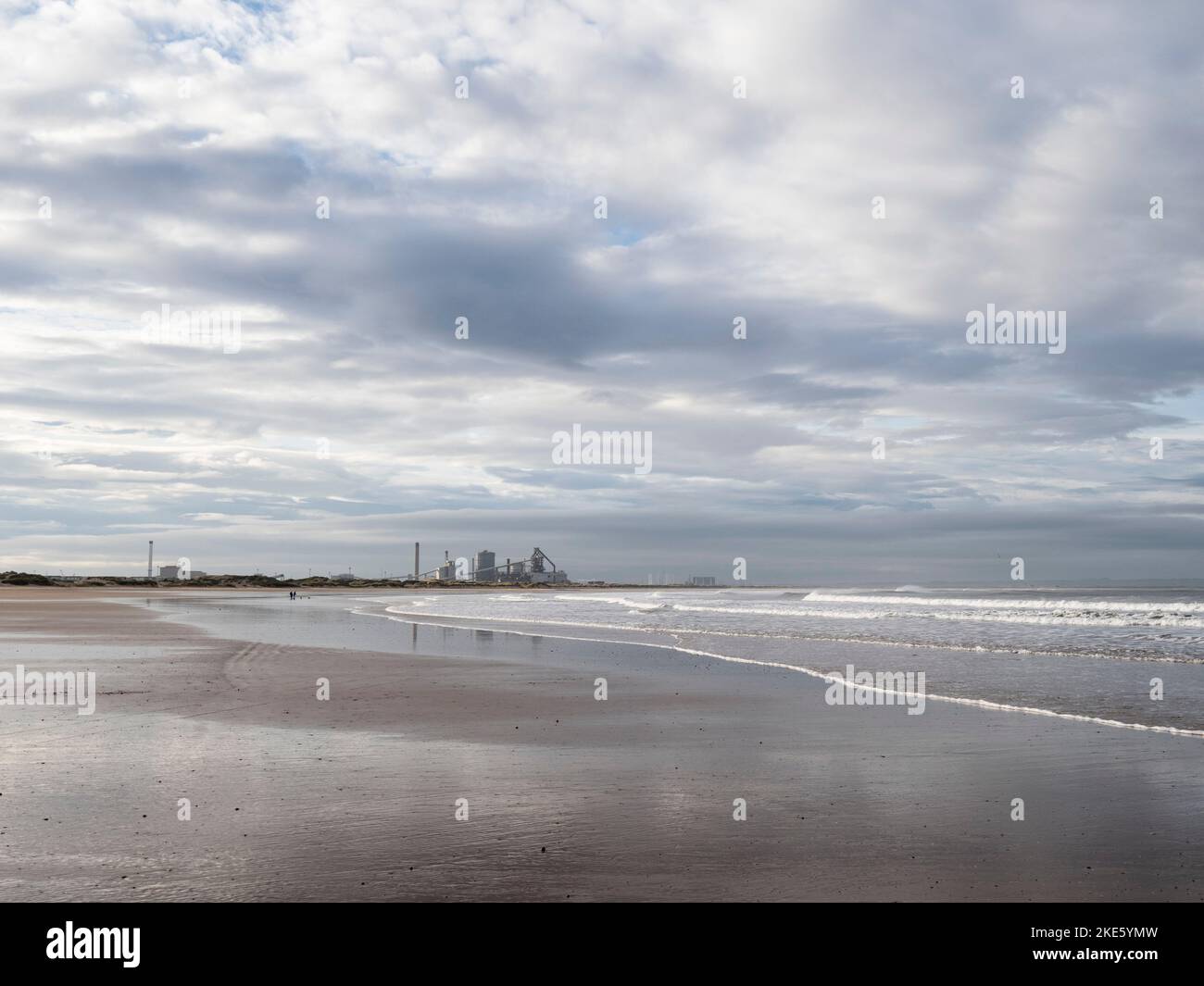 View of Windfarm and old steelworks, Redcar beach, Redcar, North ...