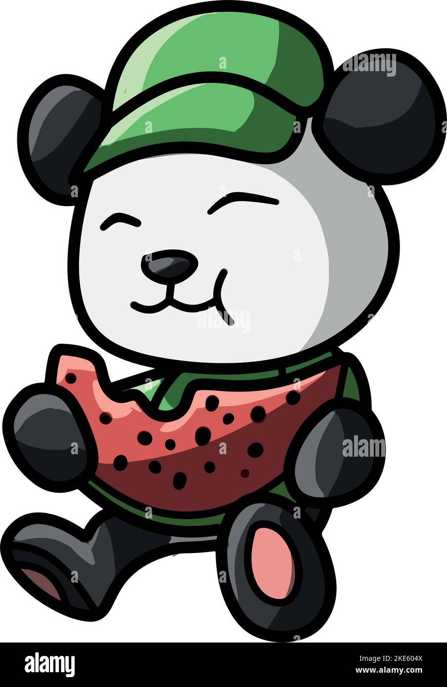 A cartoon-style cute panda eating watermelon isolated on a vertical ...