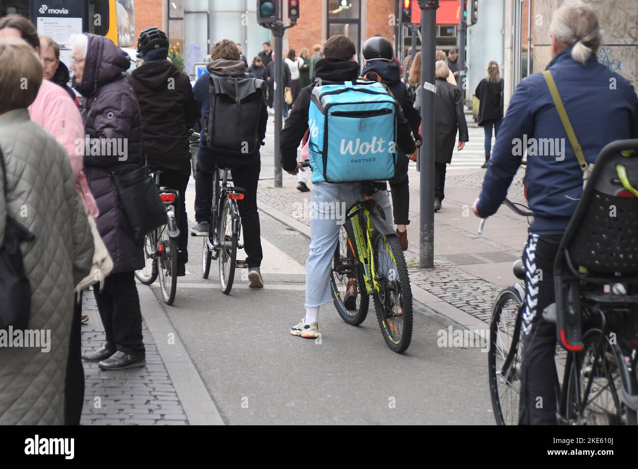 Copenhagen/Denmark/10 November 2022/ Wolt partner food delivery bikers ...