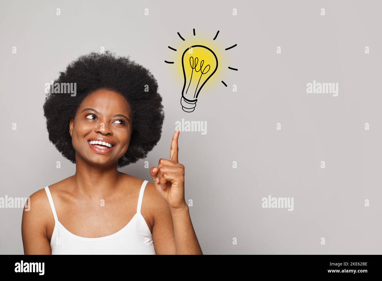 Happy african american woman with idea pointing up to light bulb ...