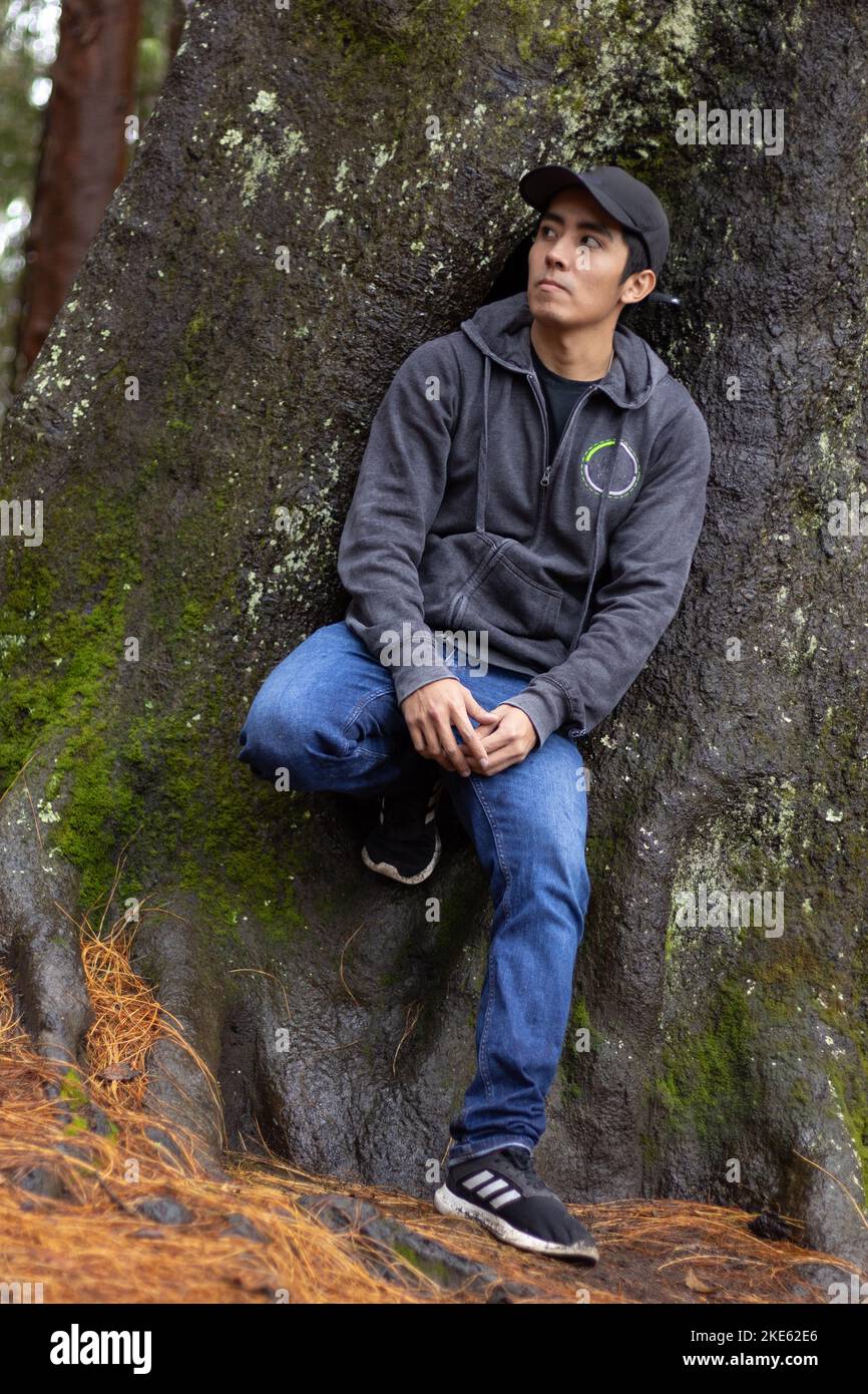 Asian brown boy sitting on a tree in the woods Stock Photo - Alamy