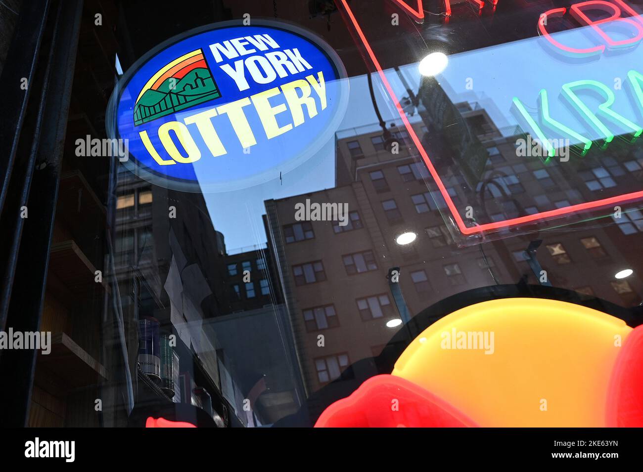 New York Lottery sign inside the the window of a smoke shop, New York ...