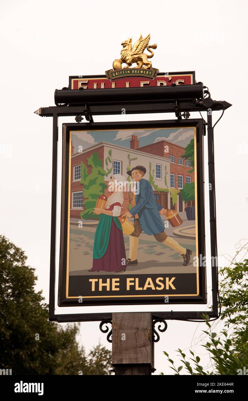 Signboard for The Flask Public House, Highgate, London, UK. Named after ...