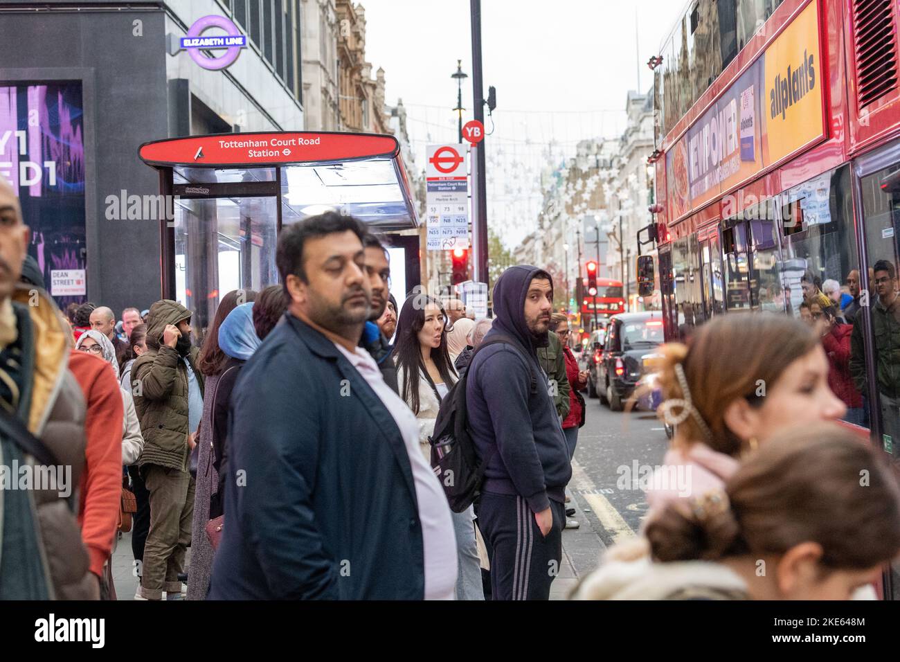 London, UK. 10th Nov, 2022. Tube strikes in London caused large queues at bus stops and ...