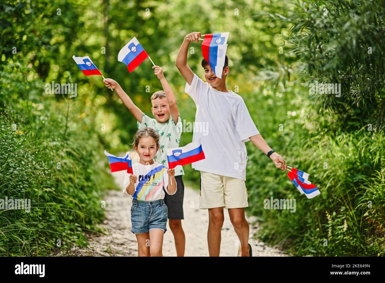 Three kids hold slovenian flags in Triglav National Park, Slovenia ...