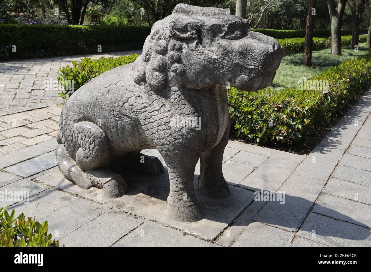 A statue of an animal in the Ming Emperors Tomb, Nanjing, China Stock ...