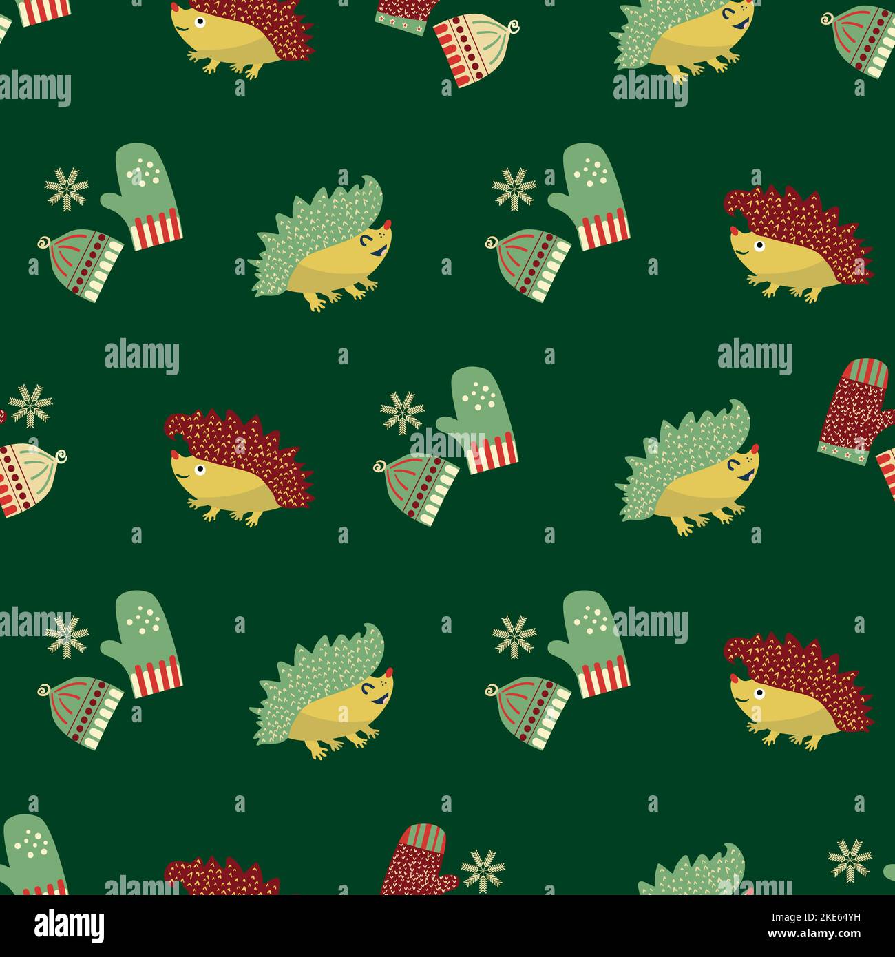 Cute hedgehog, hats, gloves seamless vector pattern backdground. Fun ...