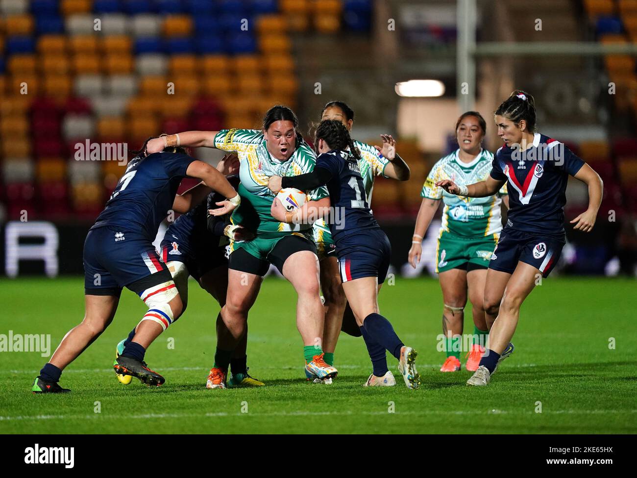 Cook Islands' Terehia Matua tackled by France's Melanie Bianchini ...
