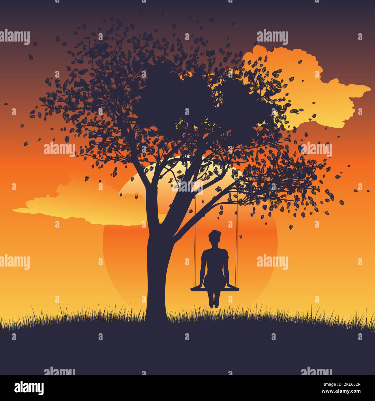 Abstract silhouette of a girl on a swing under the tree at sunset time ...