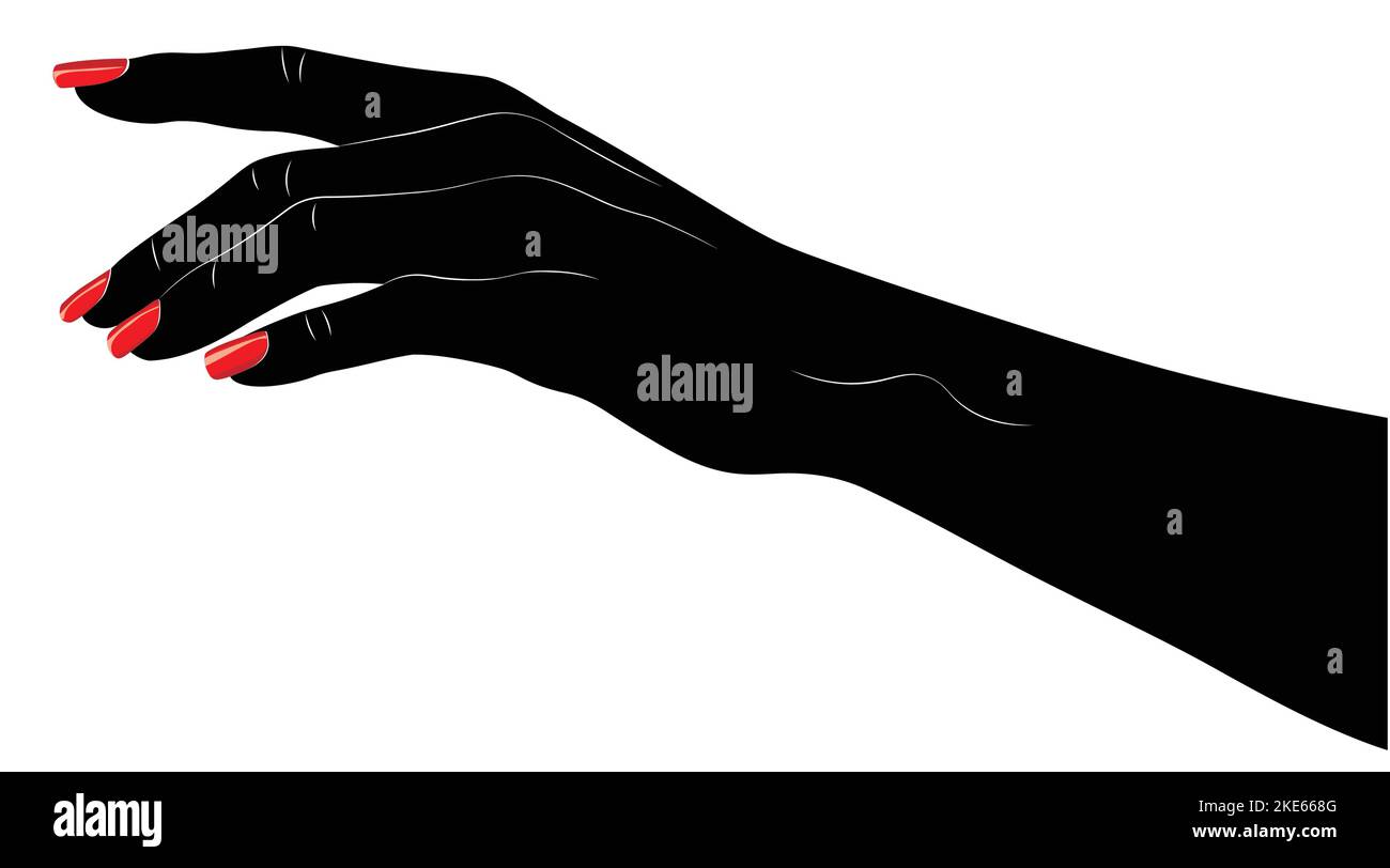 Human hand with red nail polish, black silhouette with white line art ...