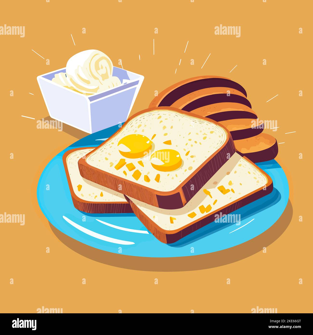 A colorful vector illustration of breakfast bread with butter and eggs ...