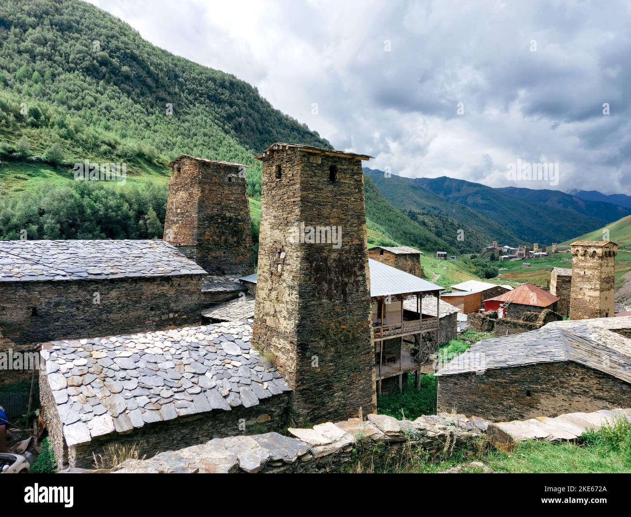 Ushguli, Georgia - September 06 2021: Svan Towers at Ushguli village in ...